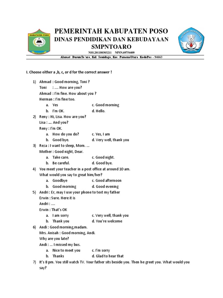 Print Soal Ulangan BING SMP Toaro | PDF