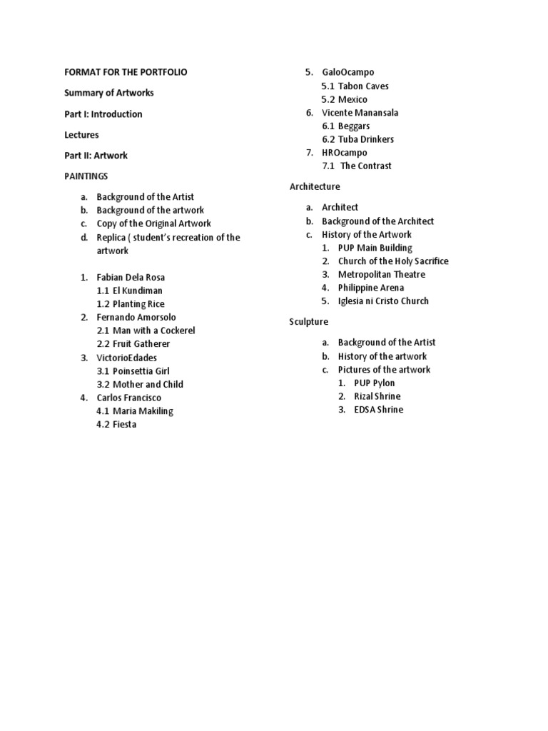 Format For The Portfolio Summary of Artworks Part I: Introduction ...
