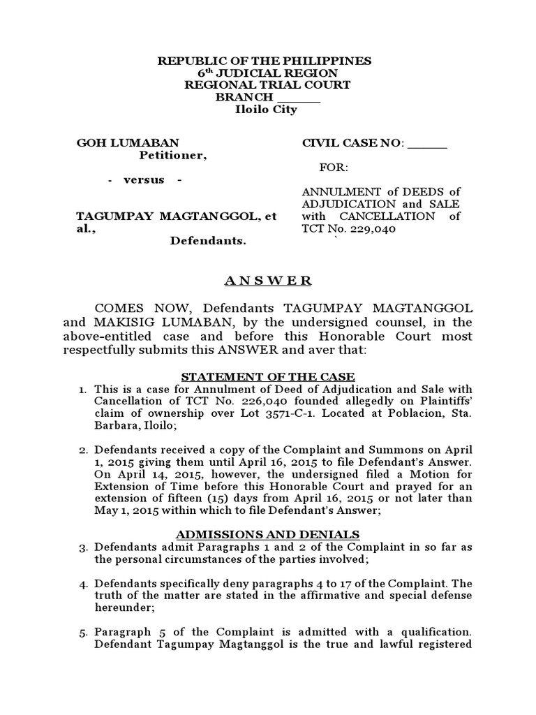 Answer Annulment 1 | PDF | Lawsuit | Complaint