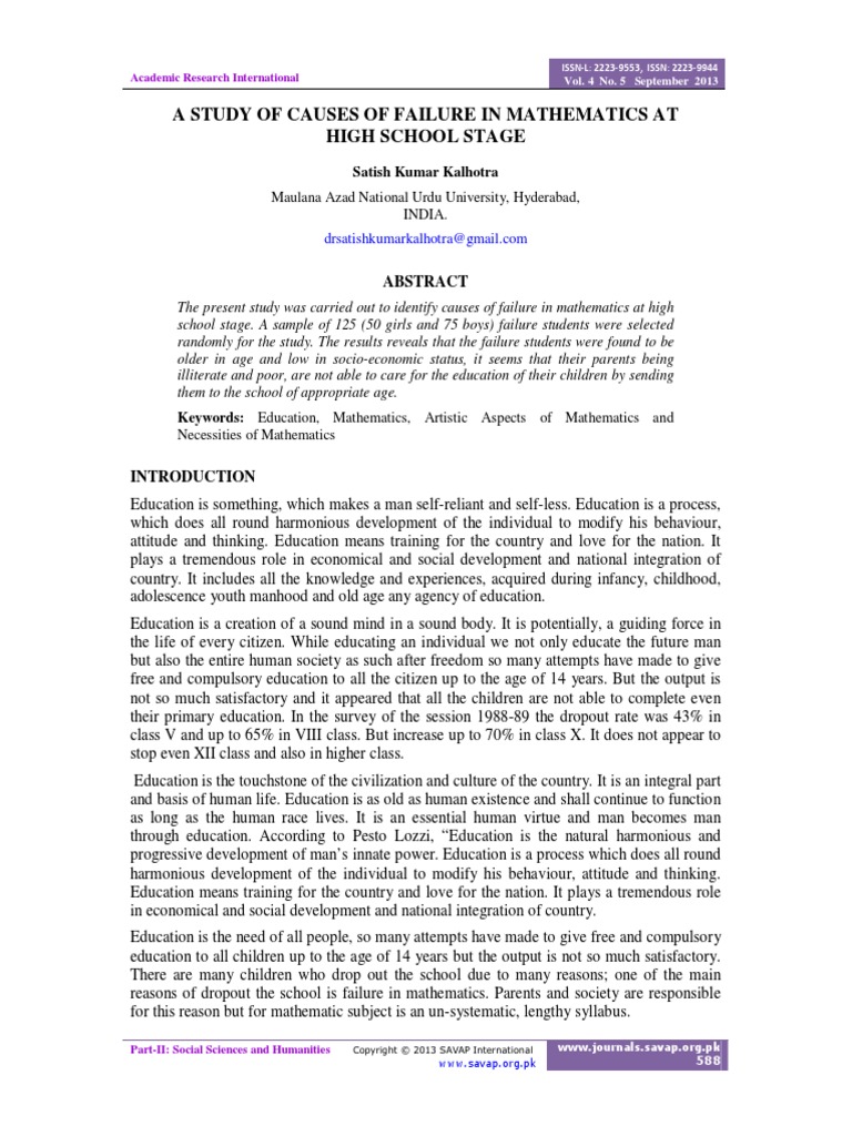 A Study of Causes of Failure in Mathematics at High School Stage | PDF ...