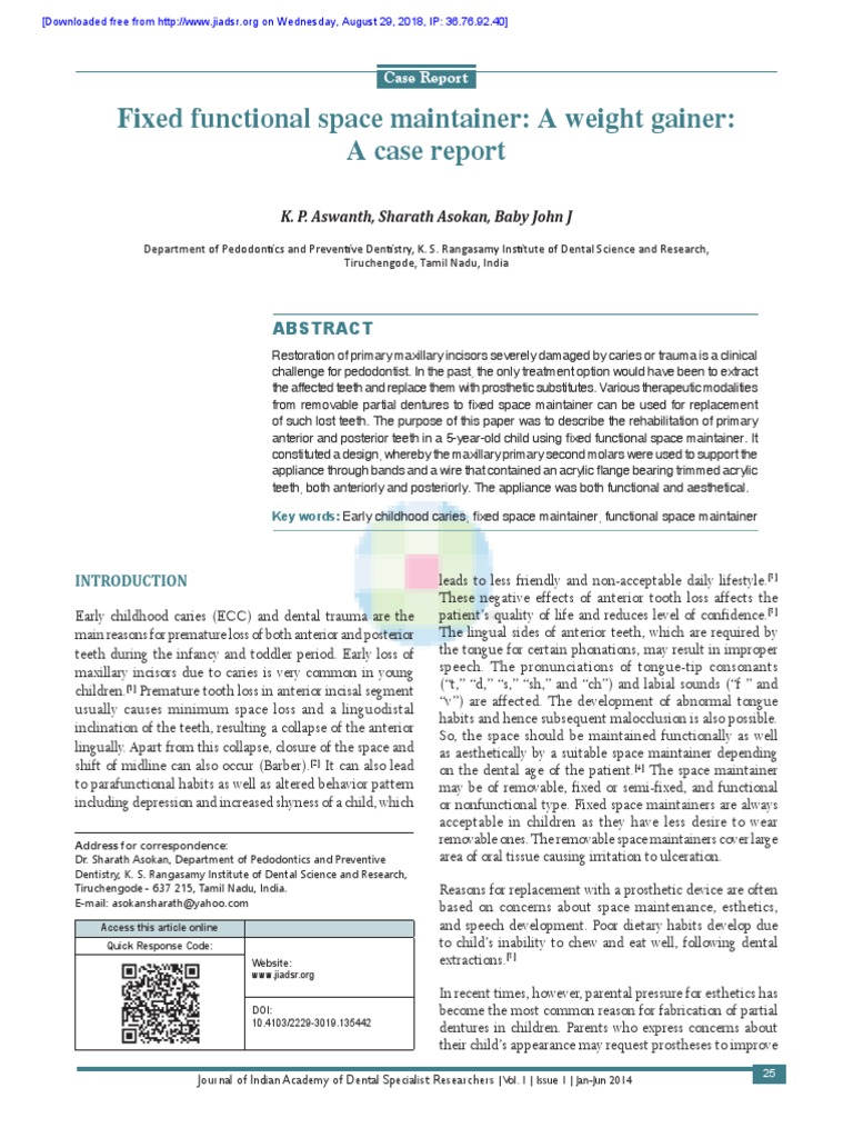 Fixed functional space maintainer case study | PDF | Human Tooth ...