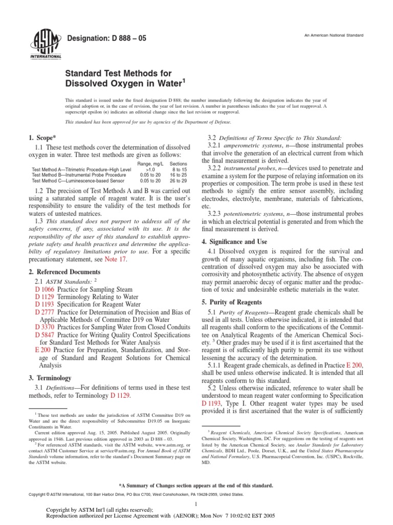 Dissolved Oxygen in Water: Standard Test Methods For | PDF | Solubility ...