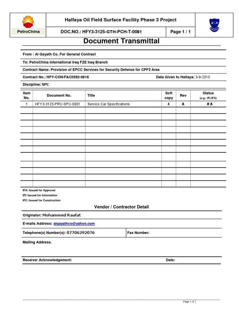 Document Transmittal: Halfaya Oil Field Surface Facility Phase 3 ...