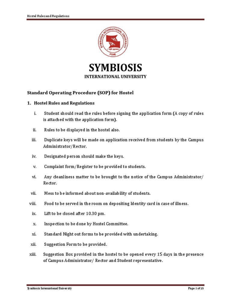 Symbiosis Hostel Rules and Regulations | PDF | Hostel | Hospital