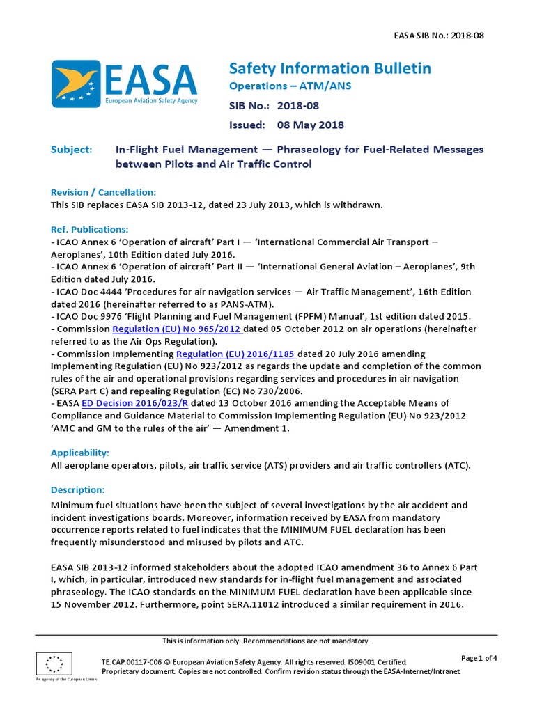 EASA SIB in Flight Fuel Management | PDF | Air Traffic Control ...