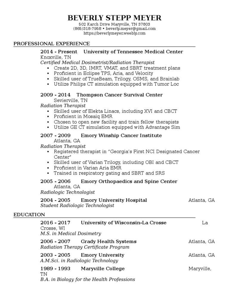 Beverly Meyer Resume | PDF | Radiation Therapy | Radiology