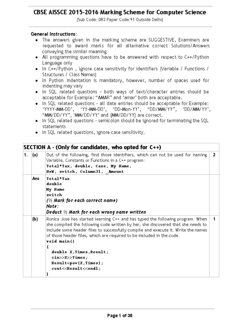 CBSE AISSCE 2015 2016 Marking Scheme For Computer Science: General Instructions | PDF | Method ...
