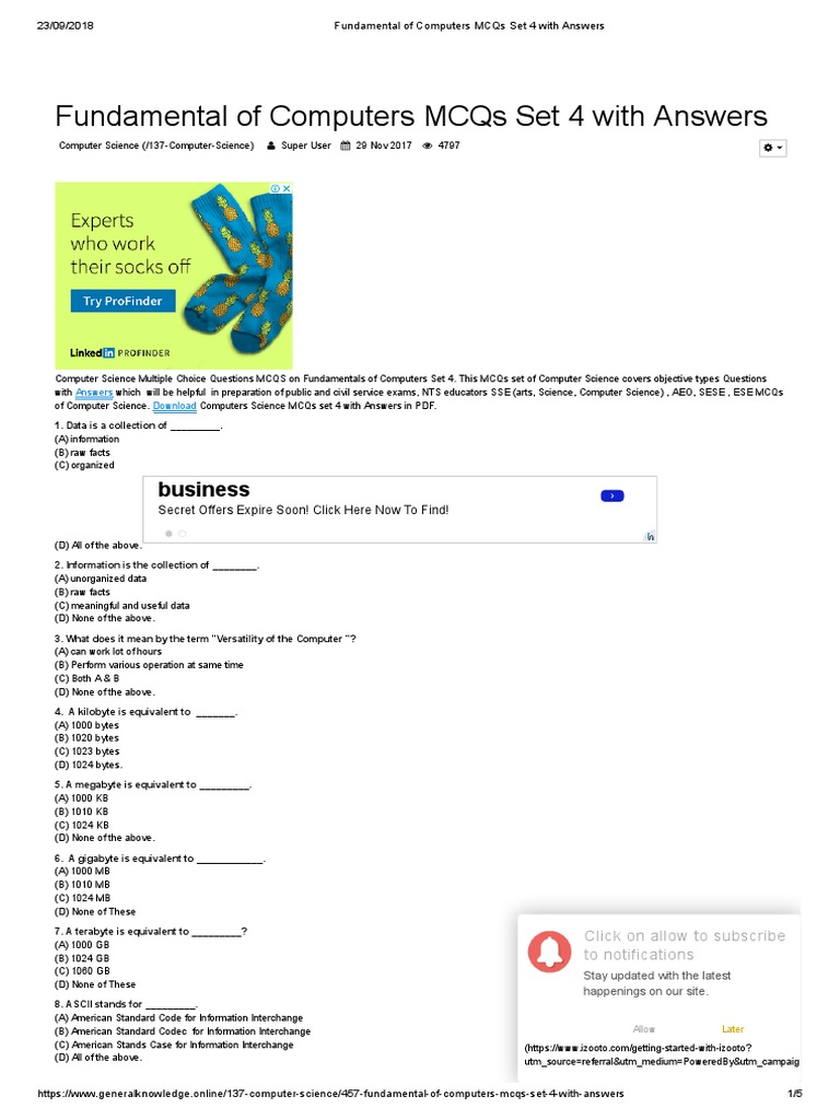 Fundamental of Computers MCQs | PDF | Multiple Choice | C (Programming Language)