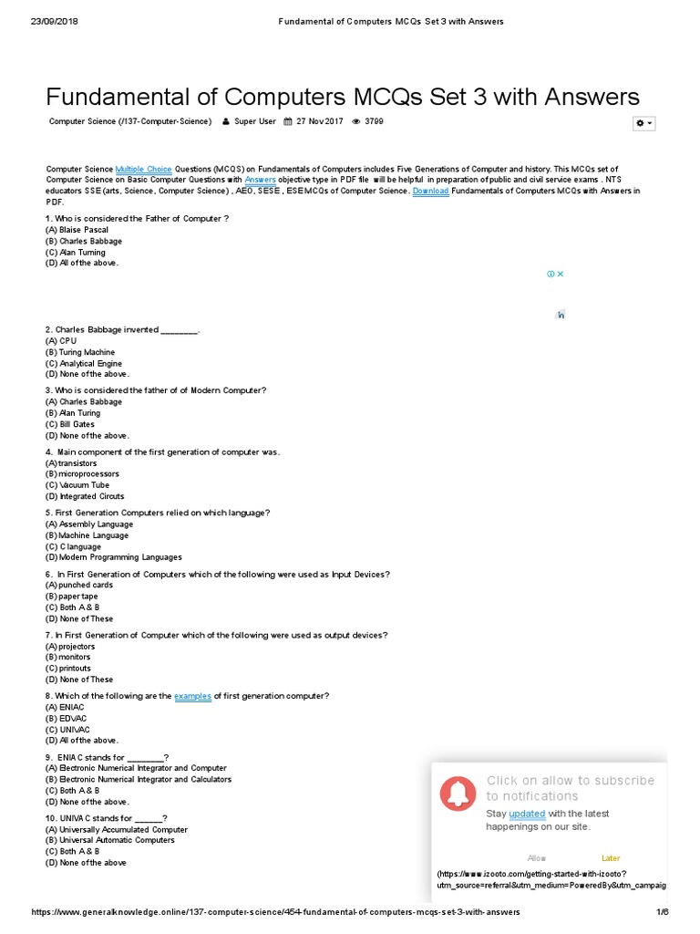 Fundamental of Computers Mcqs Set 3 With Answers: Multiple Choice Answers Download | PDF ...