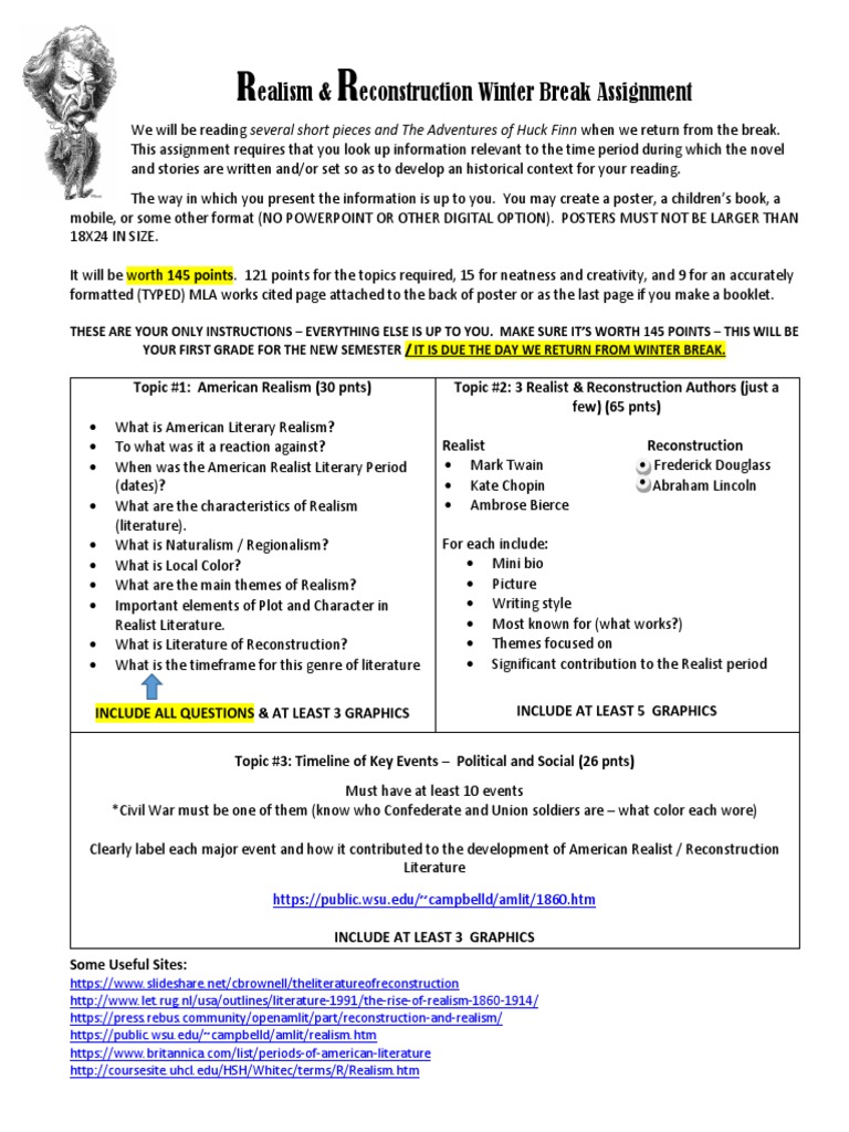 Realism and Reconstruction Winter Break Assignment | PDF | Literary ...
