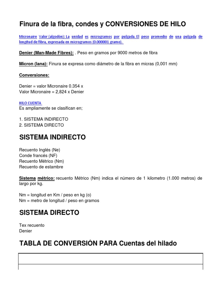 Formulas Textiles | PDF | Pie (unidad) | Pulgada