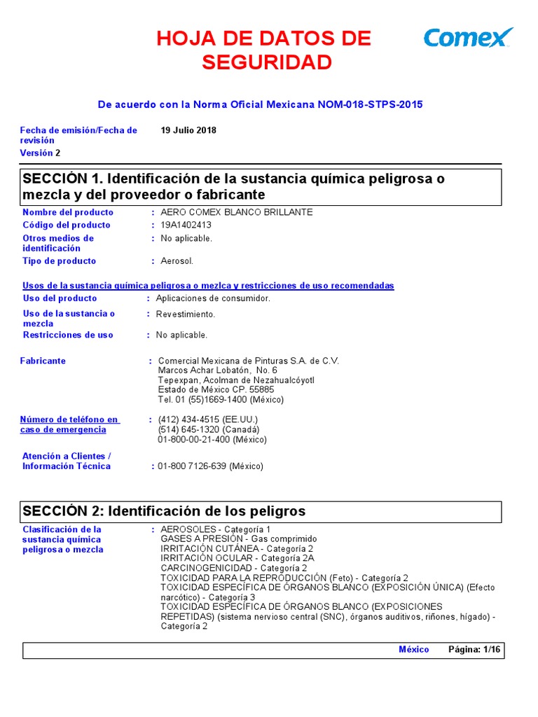 Hoja de Seguridad Aero-Comex-Brillante | PDF | Oxígeno | Agua