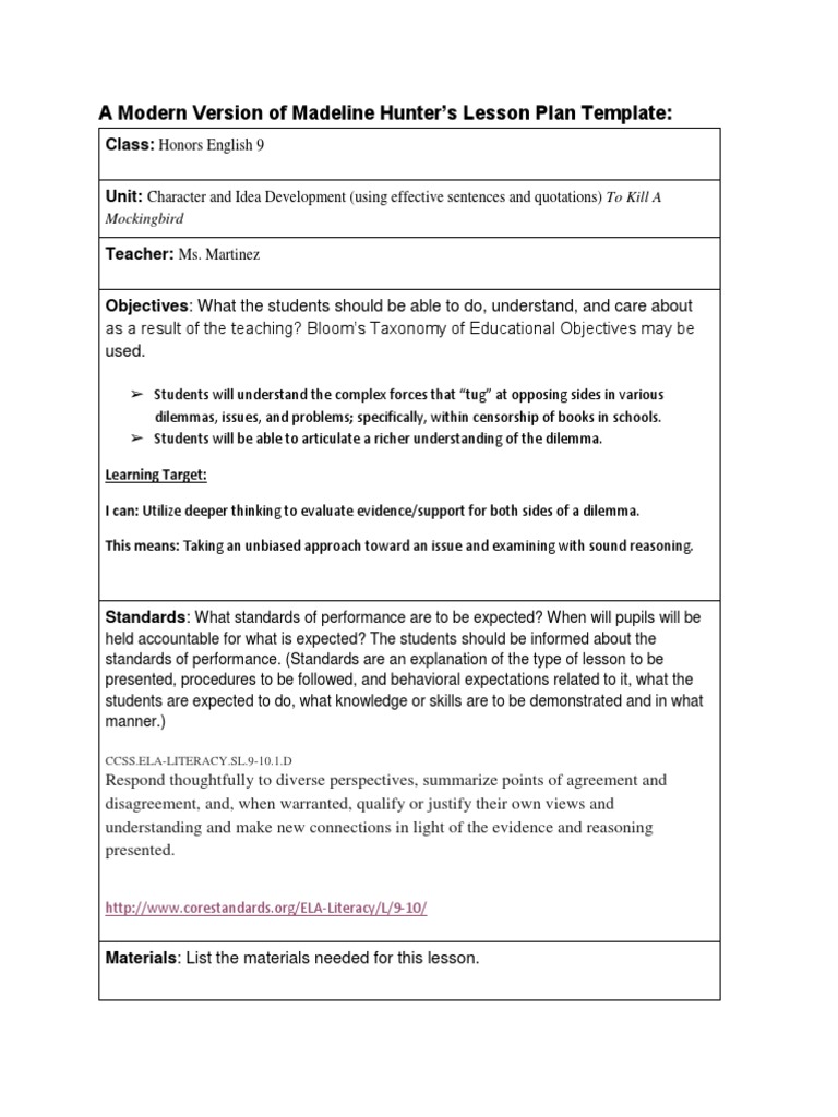 Methods Unit Plan Madeline Hunter | PDF | Question | Teachers