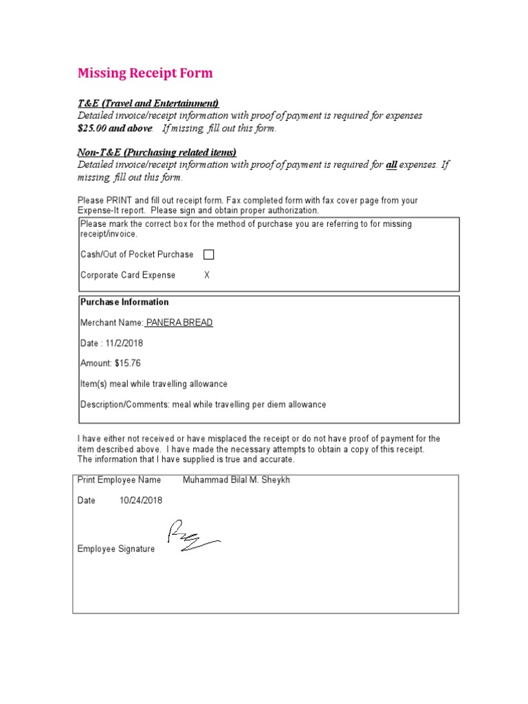 Missing Receipt Form | PDF