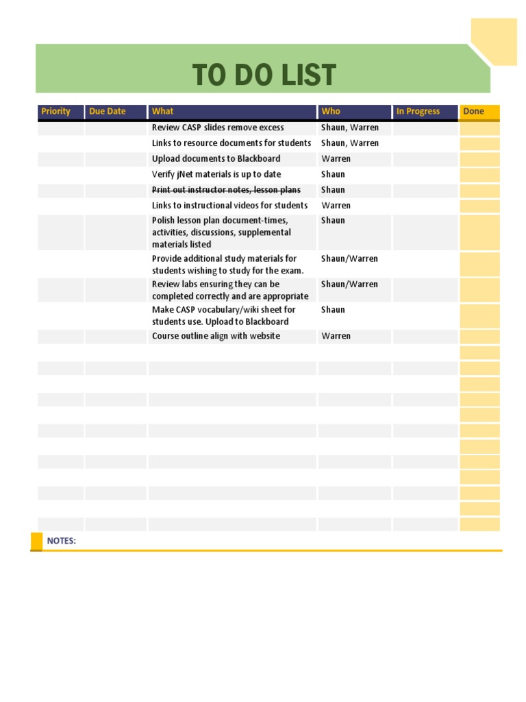To Do List: Priority Due Date What Who in Progress | PDF