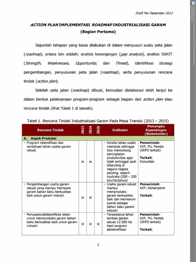 Action Plan Implementasi Roadmap Industrialisasi Garam (Bagian Pertama) | PDF