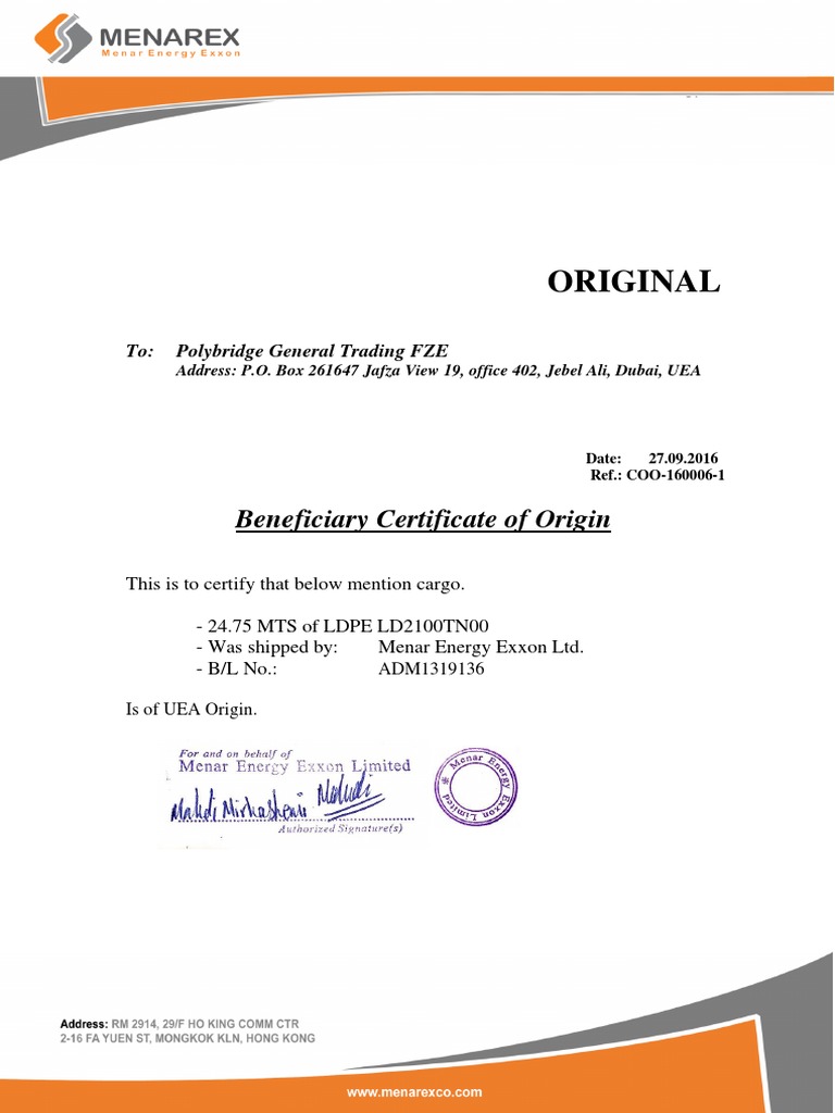 Original: Beneficiary Certificate of Origin