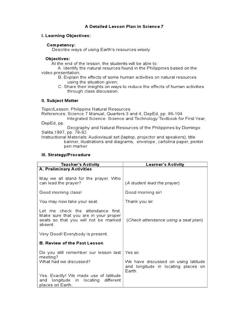 Lesson Plan In Science Grade 7 Philippine Natural Resources PDF 