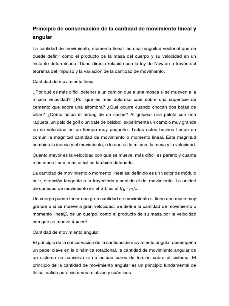Principio de Conservación de La Cantidad de Movimiento Lineal y Angular | PDF | Impulso ...