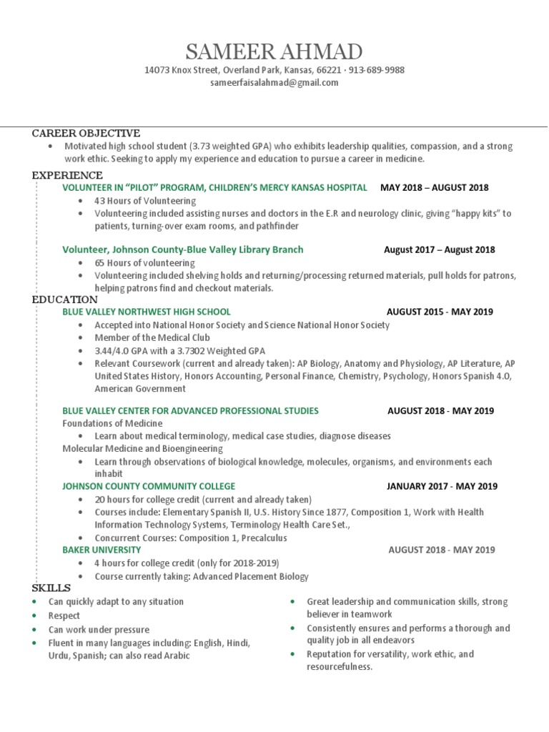 Ku Honors Program Resume | PDF | Advanced Placement | Volunteering