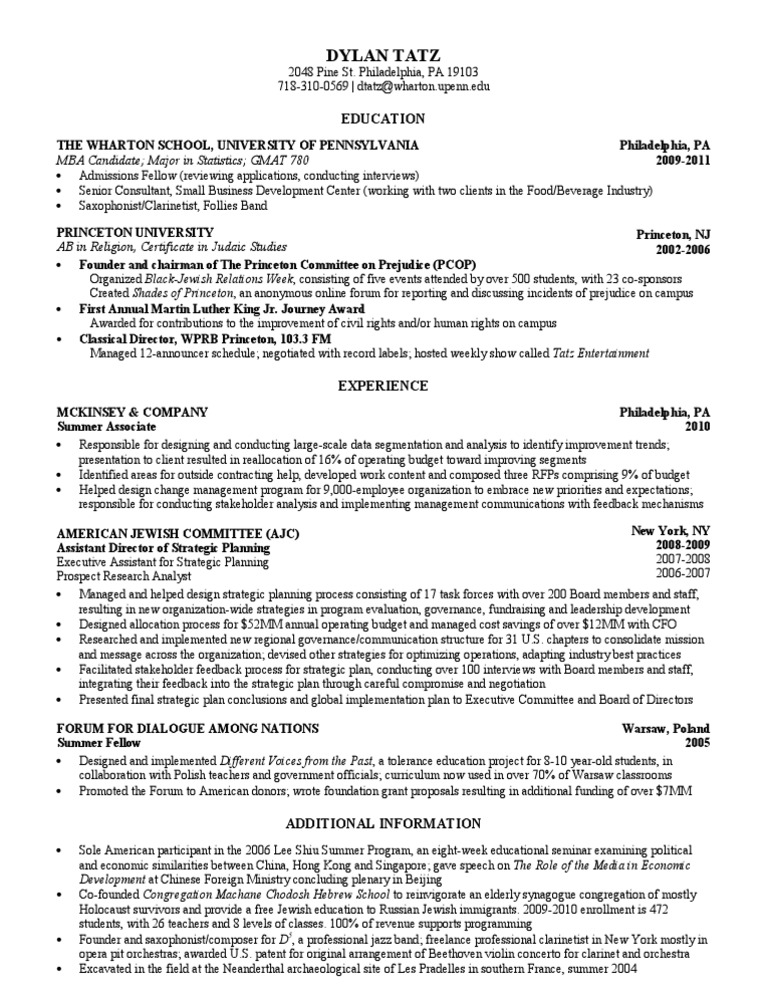 Dylan Tatz Resume 10/2010 | PDF | Wharton School Of The University Of ...