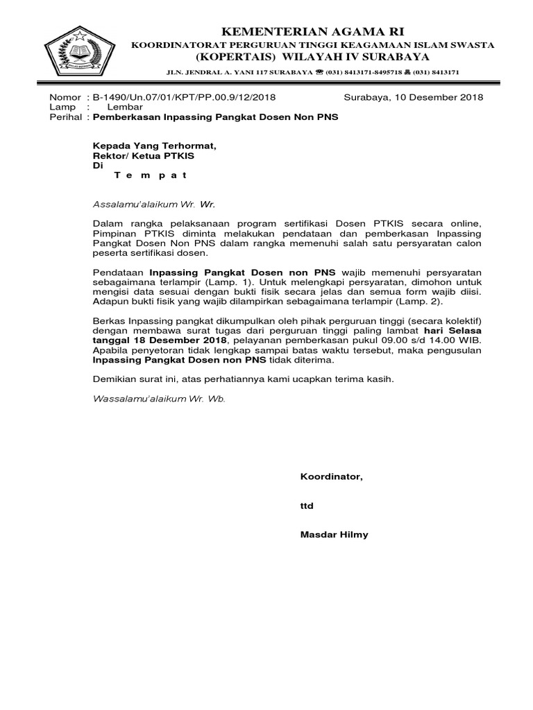 1 Surat Pemberkasan Inpassing Pangkat | PDF | Karier & Perkembangan