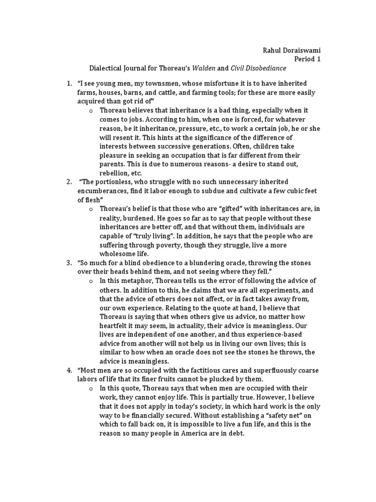 Dialectical Journal - Thoreau | PDF | Walden | Henry David Thoreau