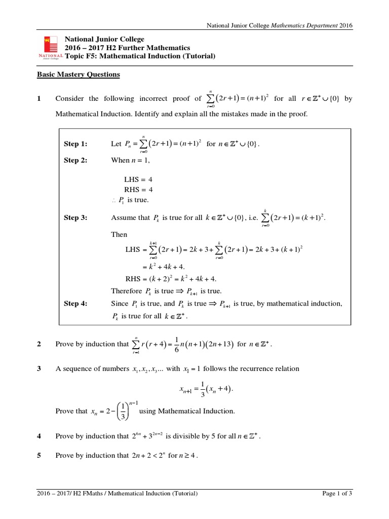 F05 2016 - 2017 H2 FMaths Mathematical Induction Tutorial | PDF ...