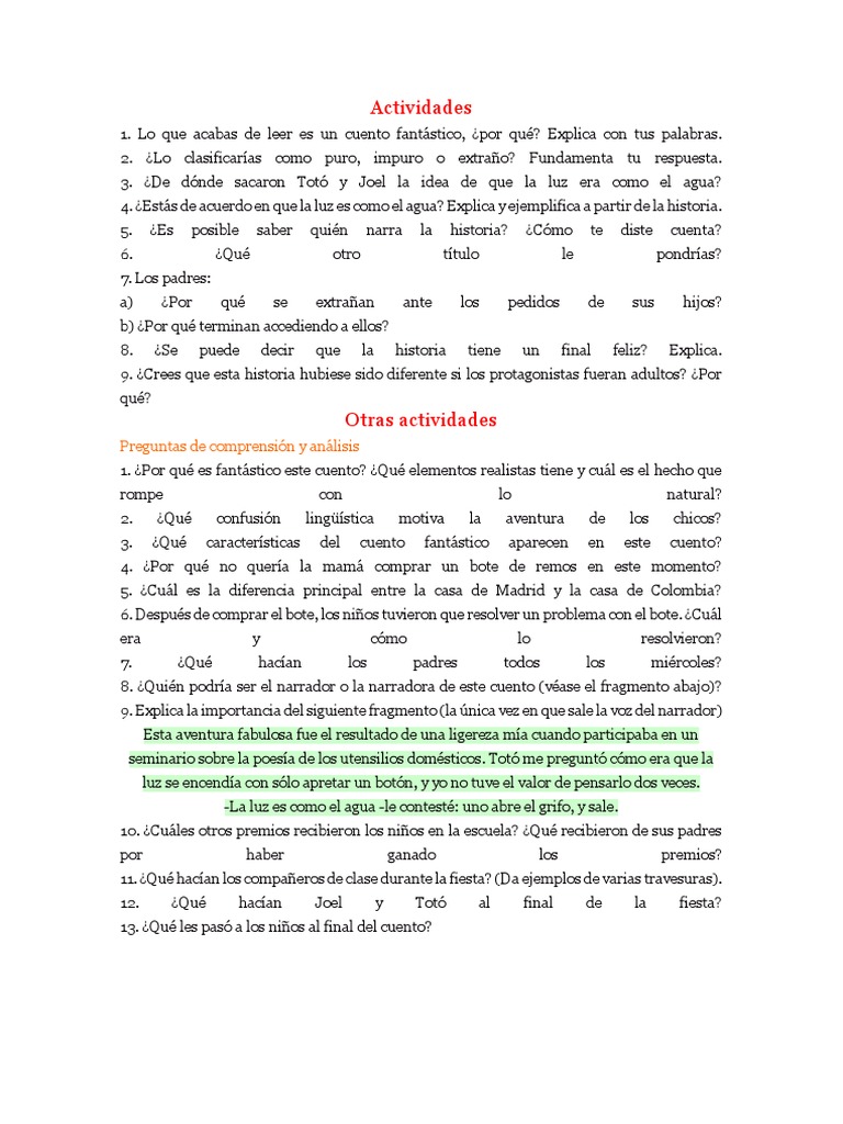 Actividades La Luz Es Como El Agua | PDF
