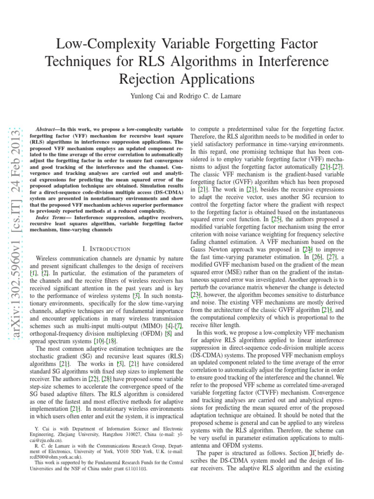 Low-Complexity Variable Forgetting Factor Techniques For RLS Algorithms in Interference ...
