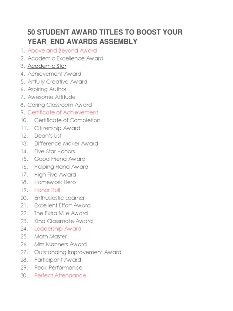 50 Student Award Titles To Boost Your Year - End Awards Assembly | PDF