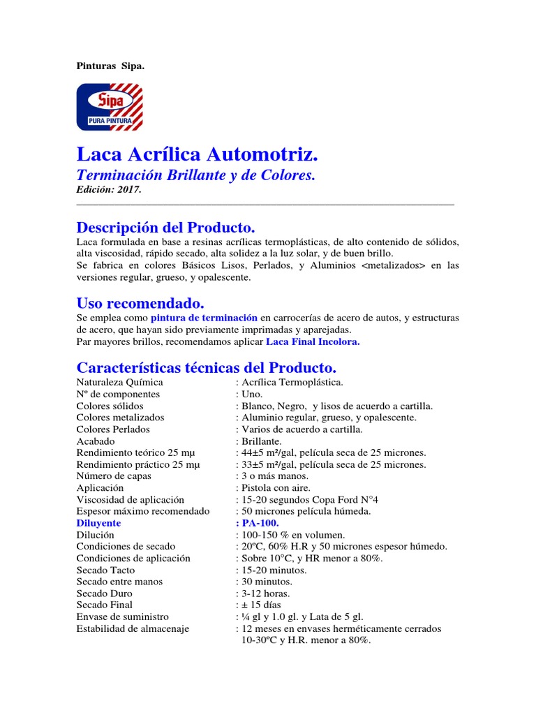 Laca Acrílica-Automotriz-Colores-Sipa-2017 PDF | PDF | Pintar | Naturaleza