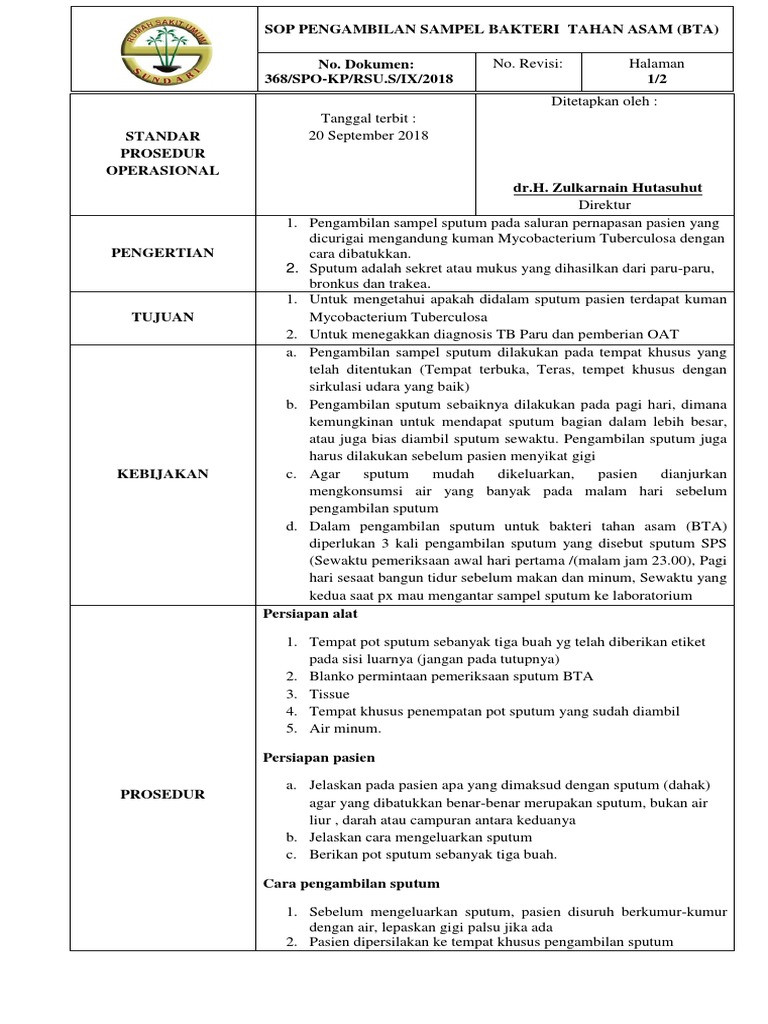 SOP Pengambilan Sampel BTA | PDF