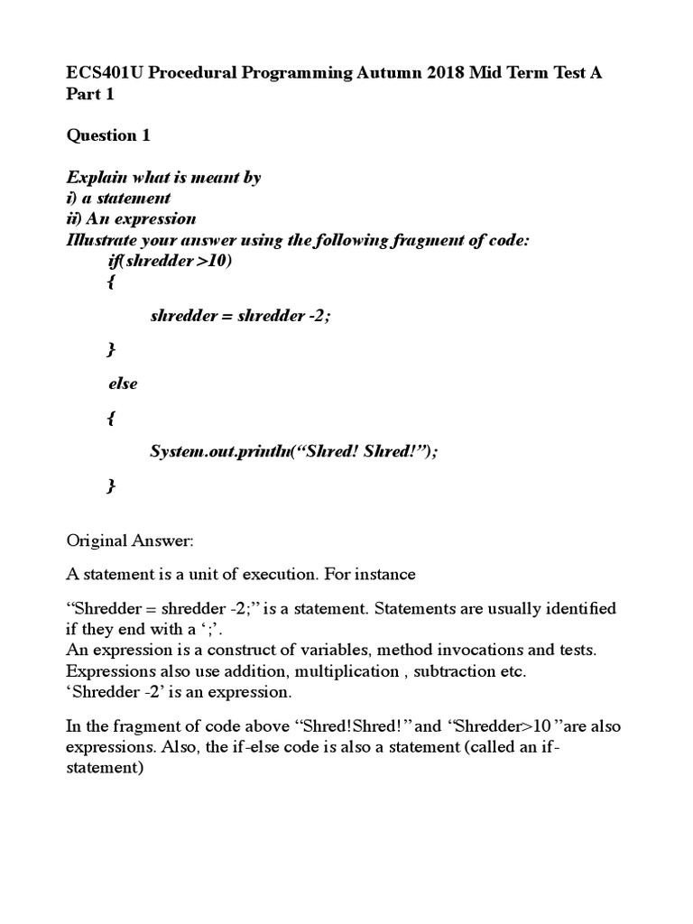 ECS401U Procedural Programming Autumn 2018 Mid Term Test A | PDF ...