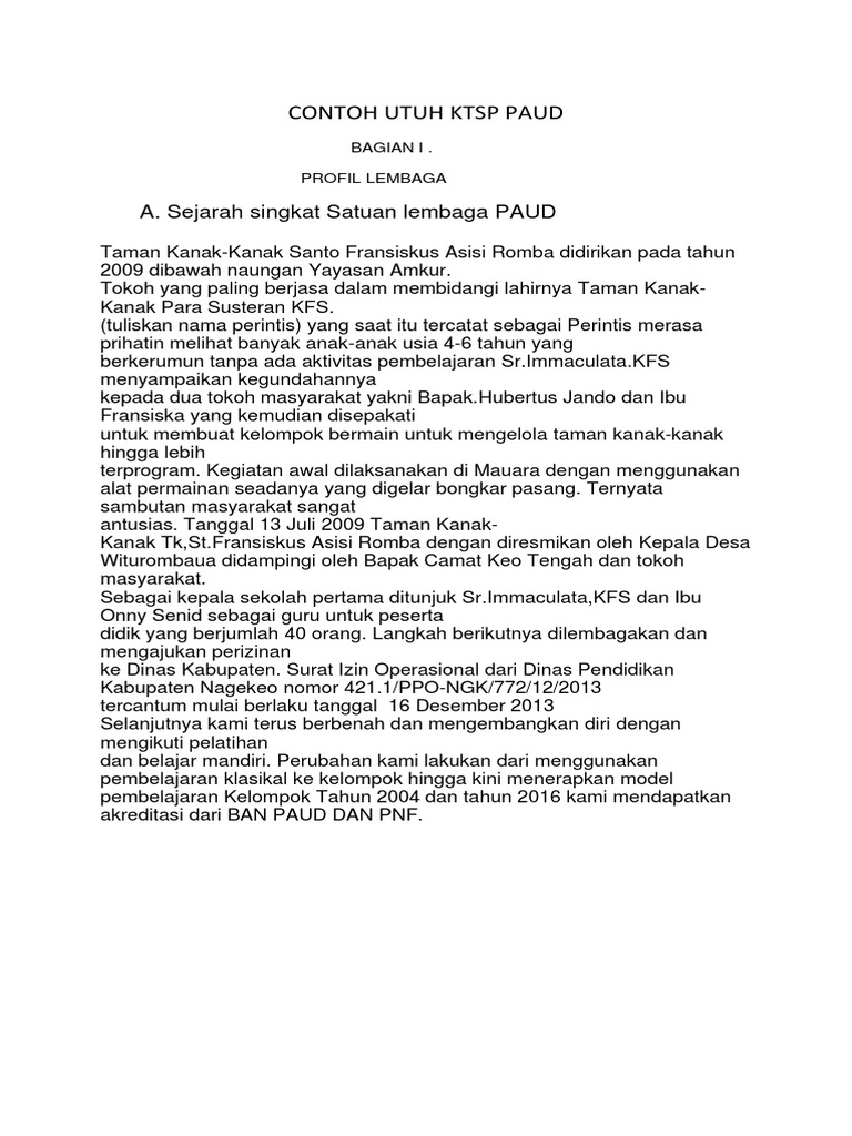 Contoh Utuh KTSP Paud | PDF
