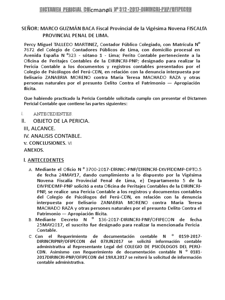 Dictamen Pericial Contable 312 2017 Dirincri Pnp Ofipecon Pdf