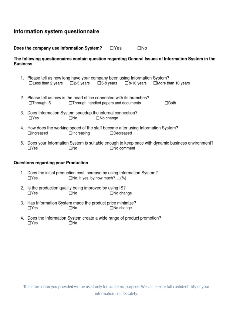 Information System Questionnaire: Yes No | PDF | Information System ...