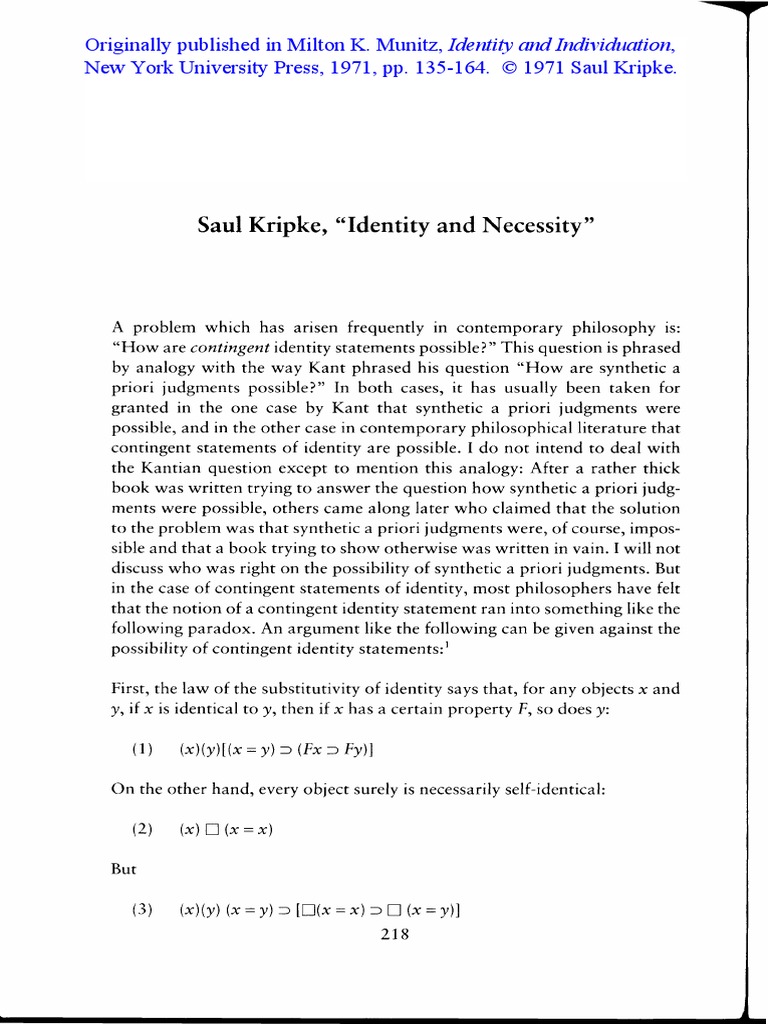 (Kripke Saul) Identity and Necessity | PDF | A Priori And A Posteriori ...