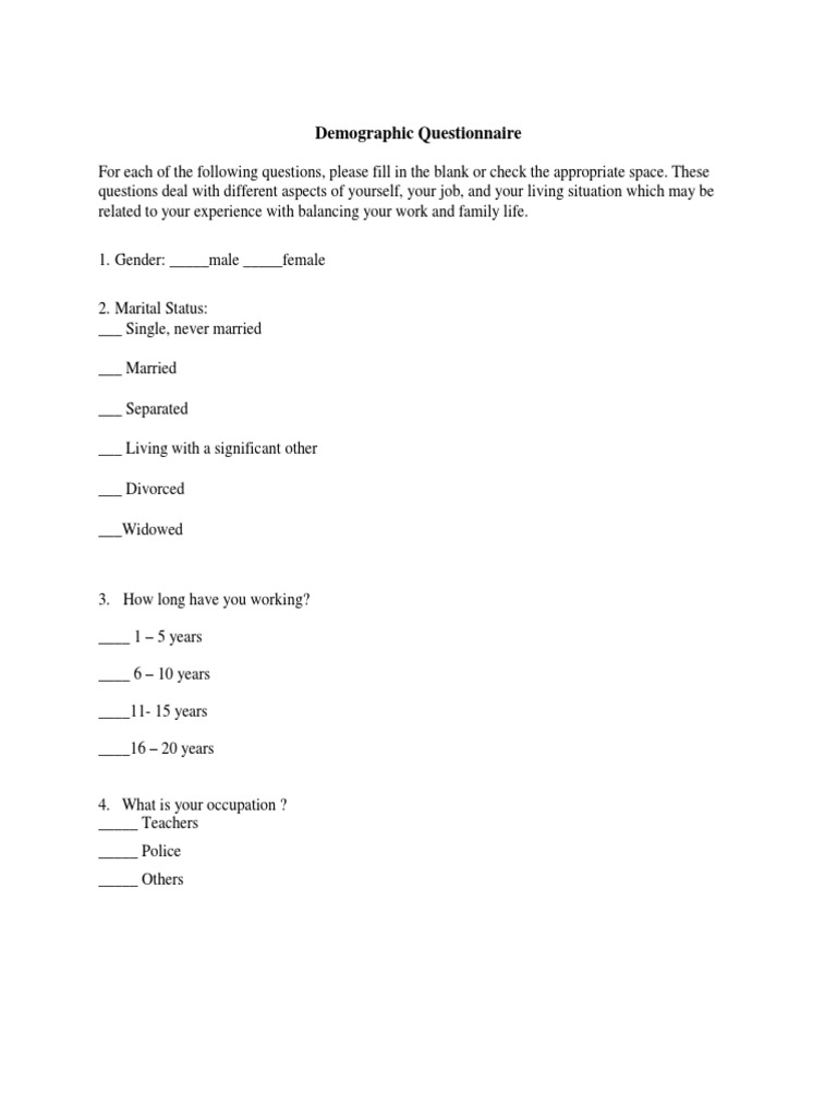 Demographic Questionnaire | PDF | Family | Marriage
