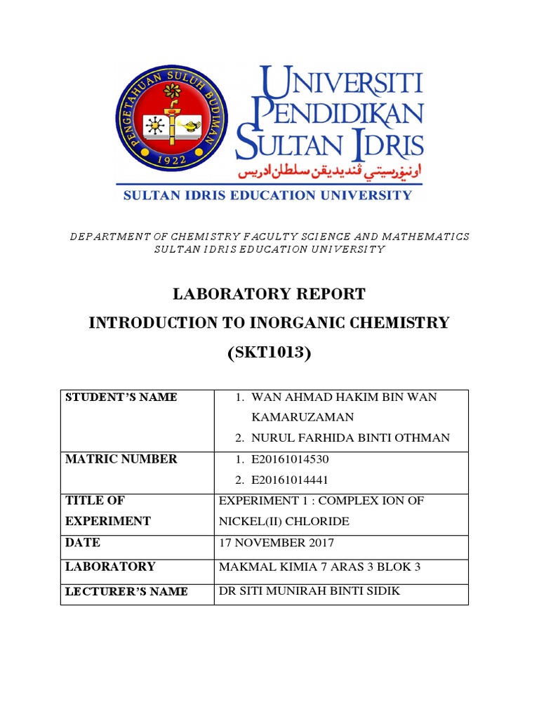 Laboratory Report Introduction To Inorganic Chemistry (SKT1013) | PDF ...