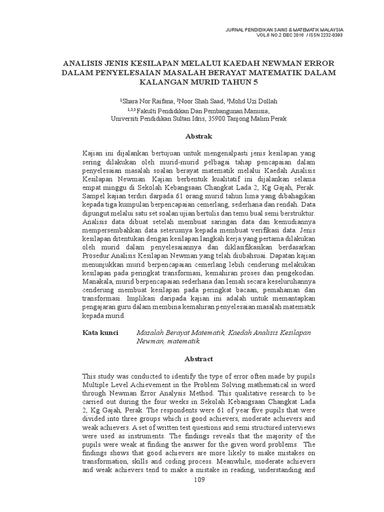 Analisis Jenis Kesilapan Melalui Kaedah Newman Error Dalam Penyelesaian ...