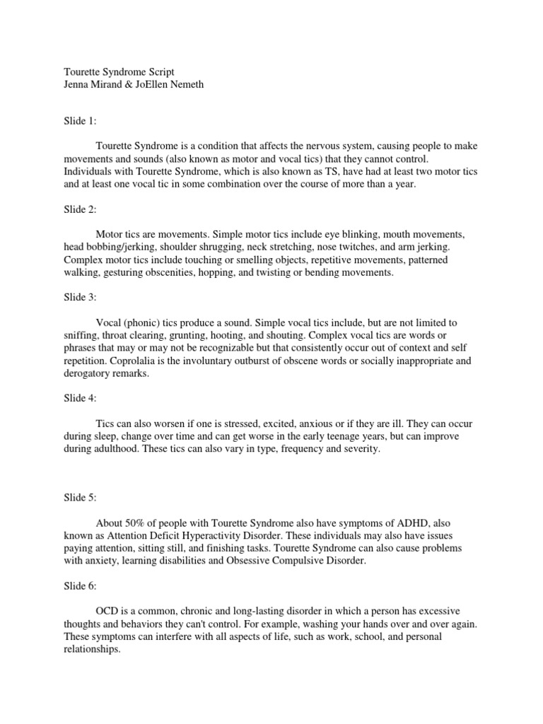 Tourette Syndrome Script Final | PDF | Tourette Syndrome | Obsessive ...