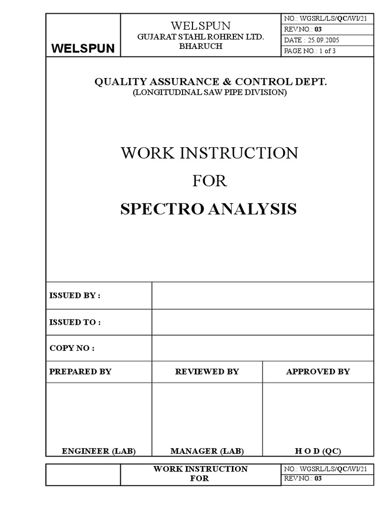 Work Instruction FOR: Spectro Analysis | PDF | Specification (Technical ...