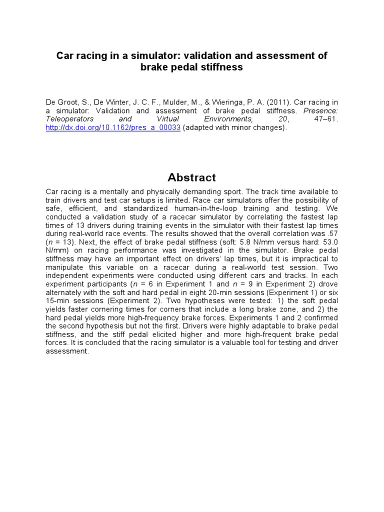 Car Racing in A Simulator: Validation and Assessment of Brake Pedal ...