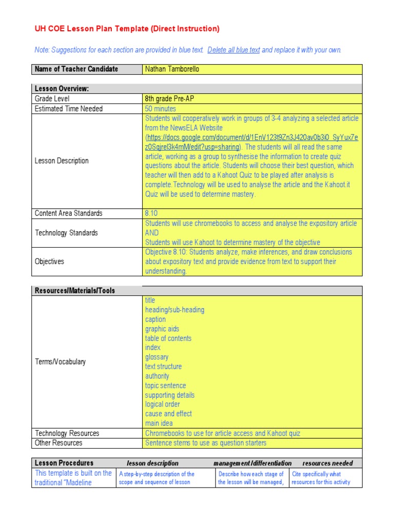 Nathan Tamborello - Expository Lesson Plan | PDF | Differentiated ...