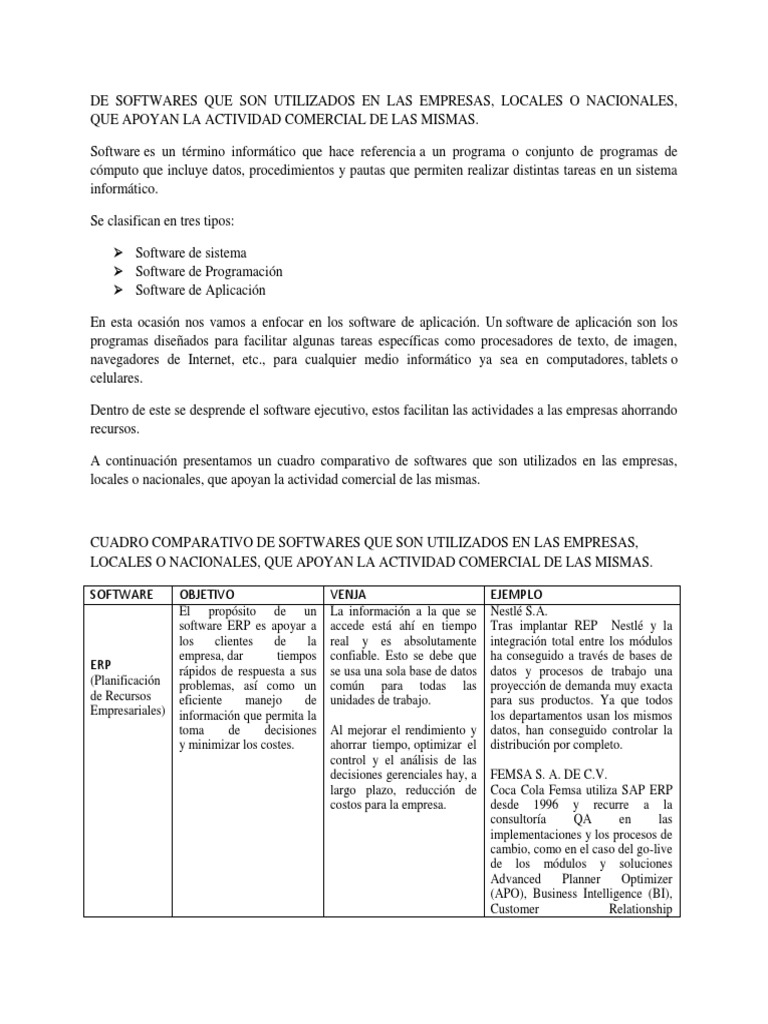 Cuadro Comparativo de Softwares Que Son Utilizados en Las Empresas ...