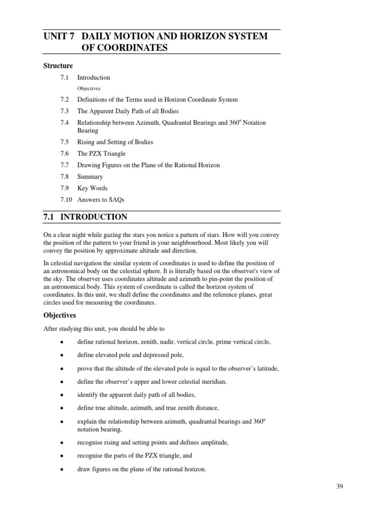Unit 7 Daily Motion and Horizon System of Coordinates: Structure | PDF ...