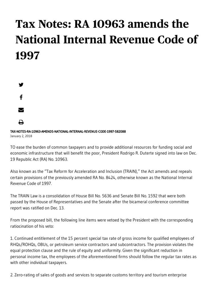Tax Notes - RA 10963 Amends The National Internal Revenue Code of 1997 ...