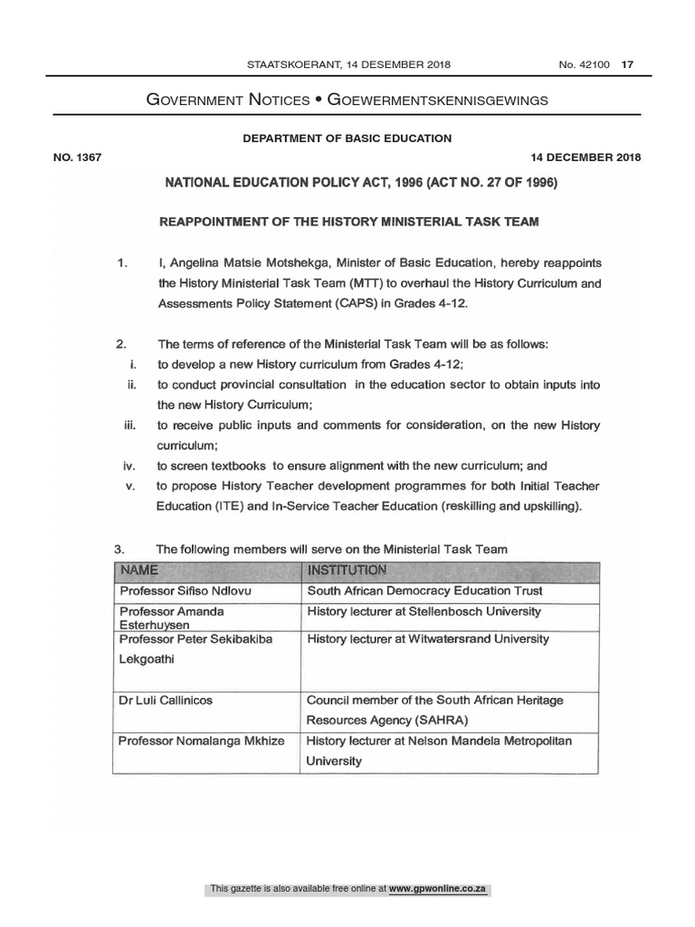 Reappointment of The History Ministerial Task Team | PDF | Government ...