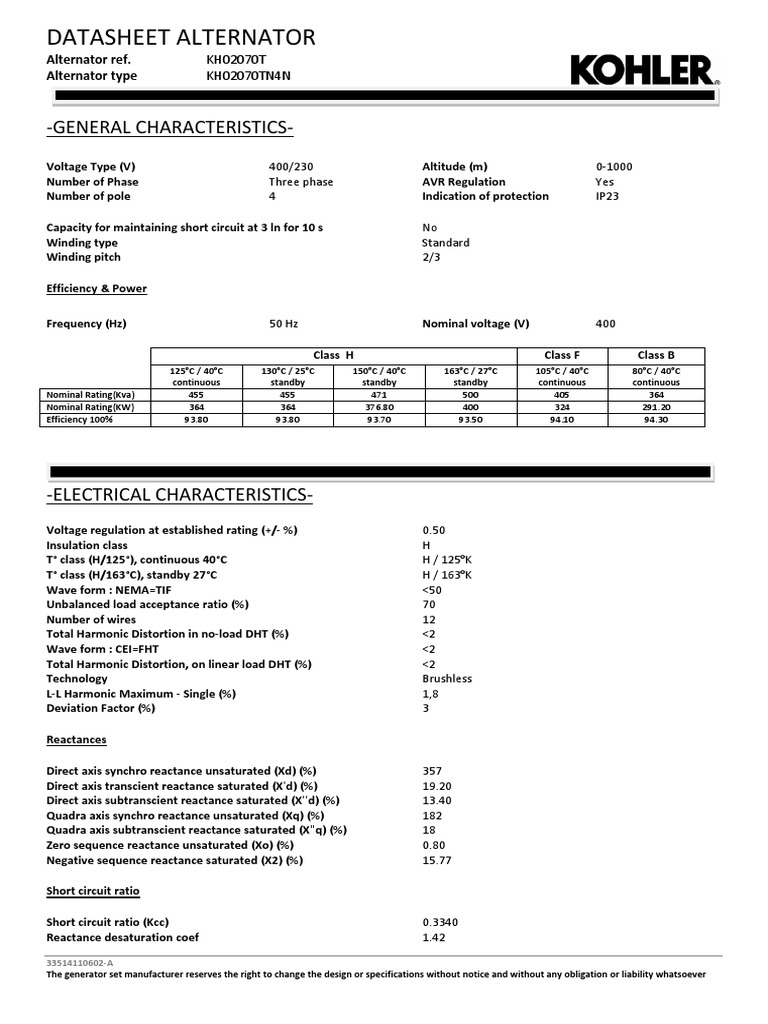 Datasheet Alternator: - General Characteristics | PDF | Electrical Engineering | Electromagnetism
